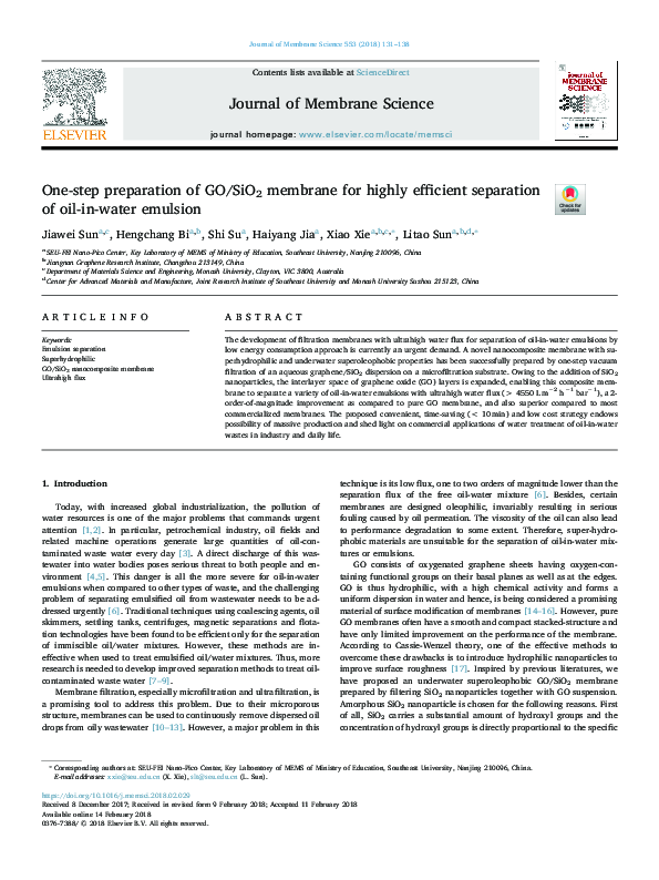 (PDF) One-step preparation of GO/SiO2 membrane for highly efficient ...