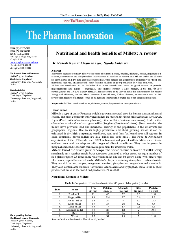(PDF) Nutritional and health benefits of Millets: A review