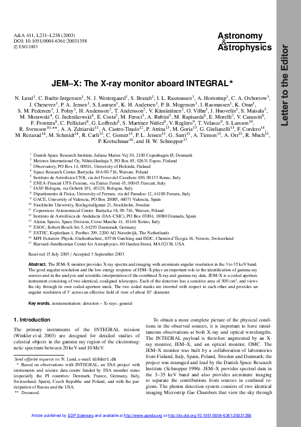(PDF) JEM–X: The X-ray monitor aboard INTEGRAL
