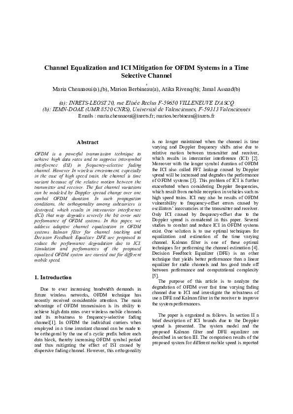 (PDF) Channel equalization and ICI mitigation for OFDM systems in a time selective channel