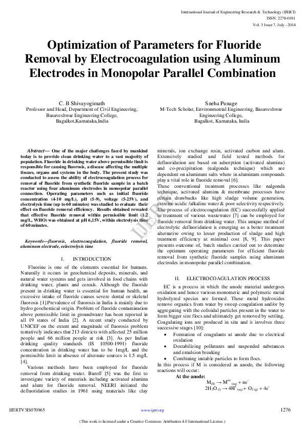 (PDF) Optimization of Parameters for Fluoride Removal by Electrocoagulation using Aluminum ...
