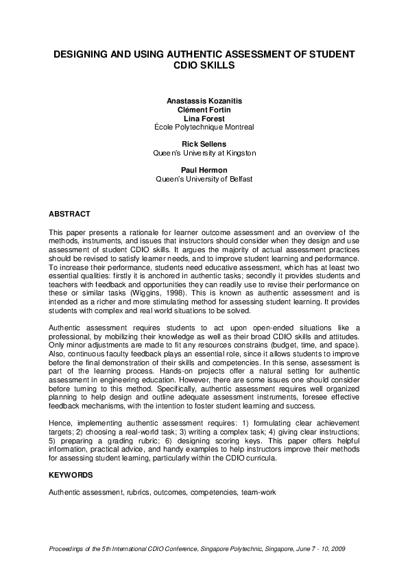 (PDF) Designing And Using Authentic Assessment Of Student CDIO Skills | Clément Fortin ...