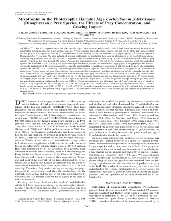 (PDF) Mixotrophy in the Phototrophic Harmful Alga Cochlodinium ...