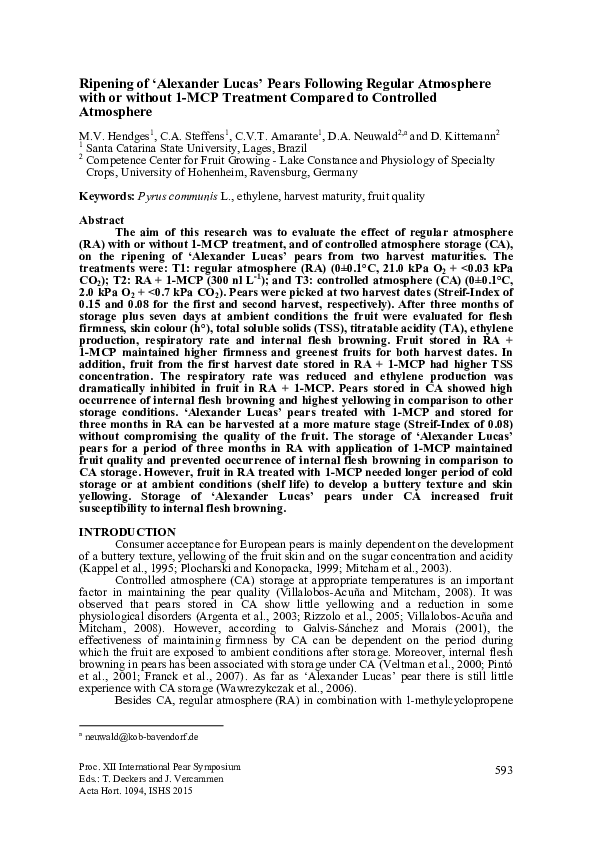 (PDF) Ripening of 'Alexander Lucas' Pears Following Regular Atmosphere ...