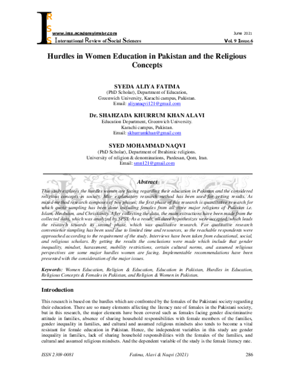 Pdf Hurdles In Women Education In Pakistan And The Religious Concepts