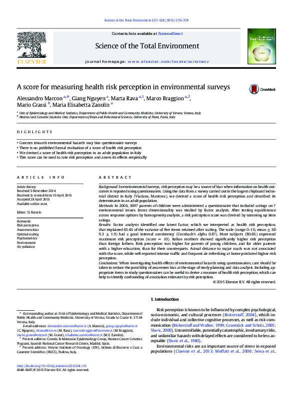 (PDF) A score for measuring health risk perception in environmental ...