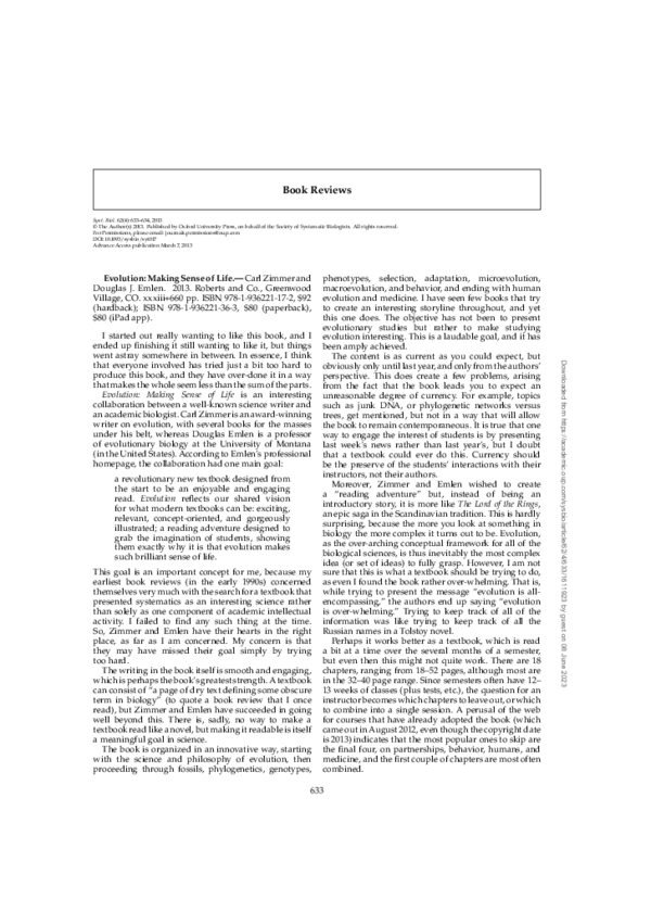(PDF) Evolution: Making Sense of Life.—Carl Zimmer and Douglas J. Emlen
