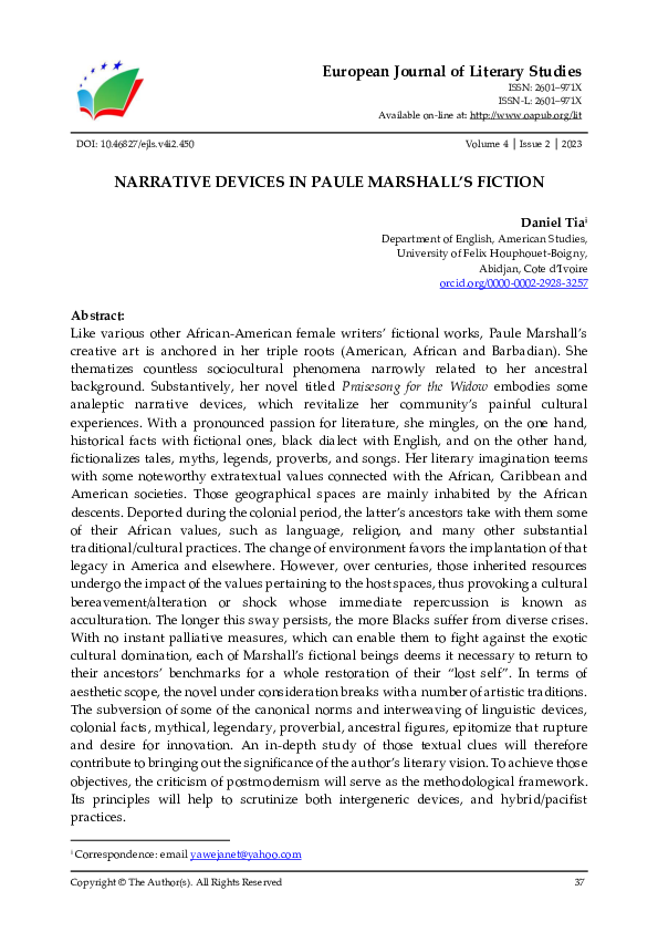 (PDF) Narrative Devices in Paule Marshall’s Fiction