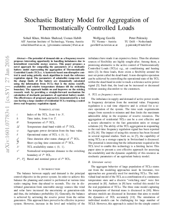 Pdf Stochastic Battery Model For Aggregation Of Thermostatically Controlled Loads Sohail