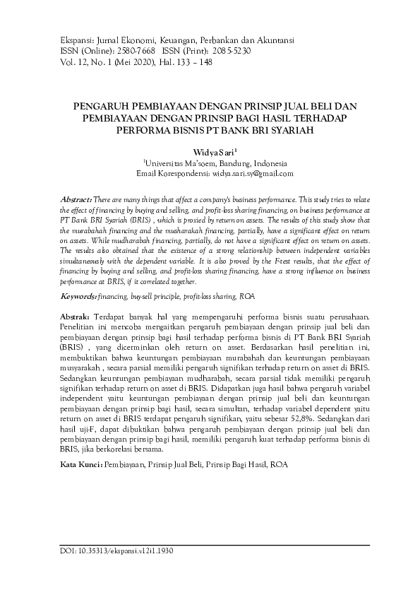 (PDF) Pengaruh Pembiayaan Dengan Prinsip Jual Beli Dan Pembiayaan Dengan Prinsip Bagi Hasil ...