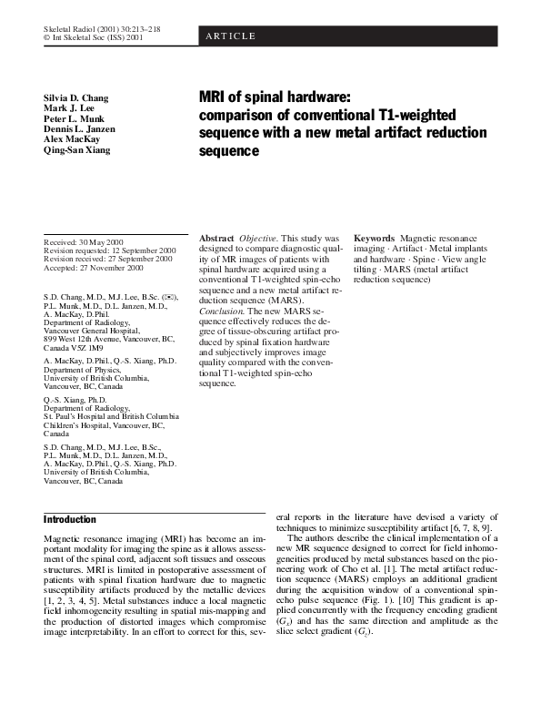 (PDF) MRI of spinal hardware: comparison of conventional T1-weighted sequence with a new metal ...