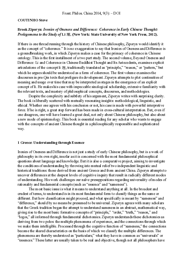 (PDF) Brook Ziporyn, Ironies of Oneness and Difference: Coherence in ...