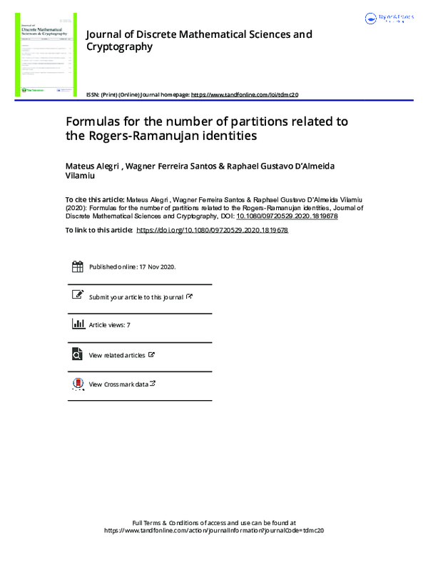 (PDF) Formulas for the number of partitions related to the Rogers-Ramanujan identities | Mateus ...