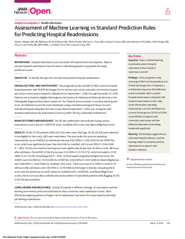 (PDF) Assessment of Machine Learning vs Standard Prediction Rules for Predicting Hospital ...
