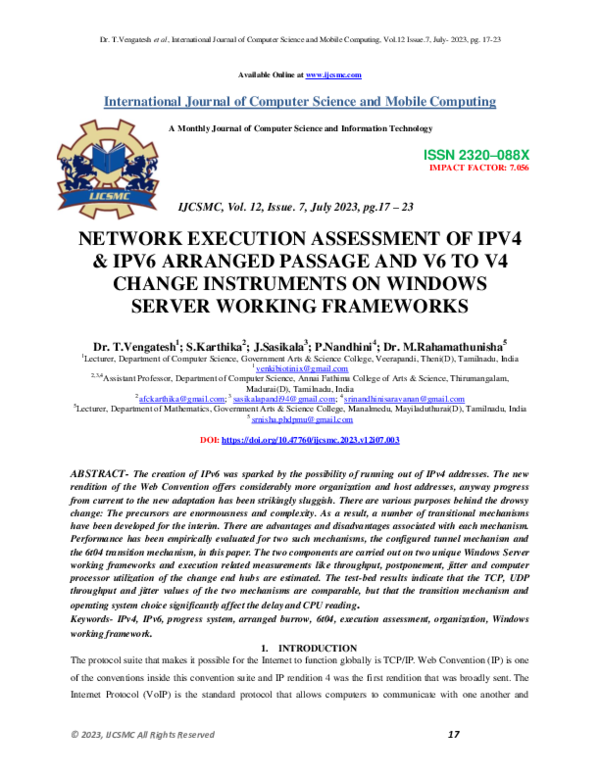 (PDF) NETWORK EXECUTION ASSESSMENT OF IPV4 & IPV6 ARRANGED PASSAGE AND V6 TO V4 CHANGE ...
