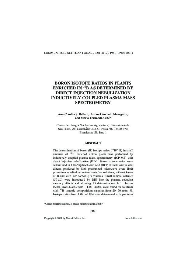 (PDF) Boron isotope ratios in plants enriched in 10B as determined by ...