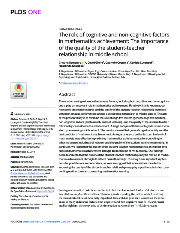 Pdf The Role Of Cognitive And Non Cognitive Factors In Mathematics Achievement The Importance