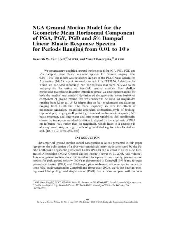 (PDF) NGA Ground Motion Model for the Geometric Mean Horizontal ...