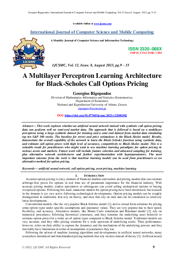 (PDF) A Multilayer Perceptron Learning Architecture for Black-Scholes Call Options Pricing