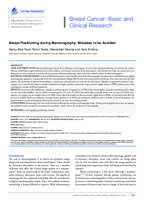 (PDF) Breast Positioning during Mammography: Mistakes to be Avoided