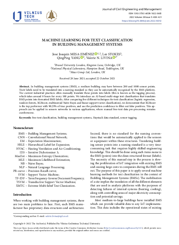 (PDF) Machine Learning for Text Classification in Building Management Systems
