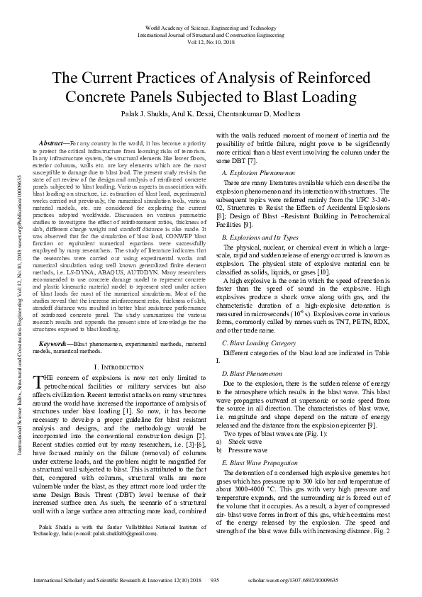 Pdf The Current Practices Of Analysis Of Reinforced Concrete Panels Subjected To Blast Loading