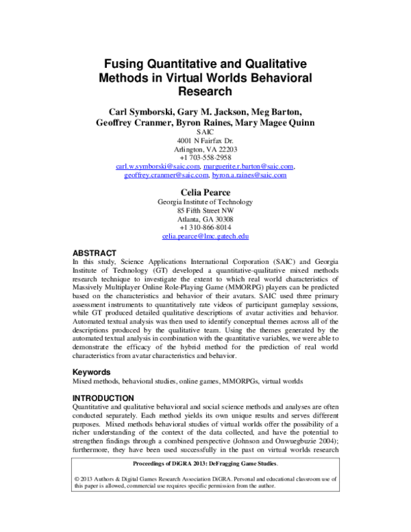 (PDF) Fusing Quantitative and Qualitative Methods in Virtual Worlds Behavioral Research | Celia ...