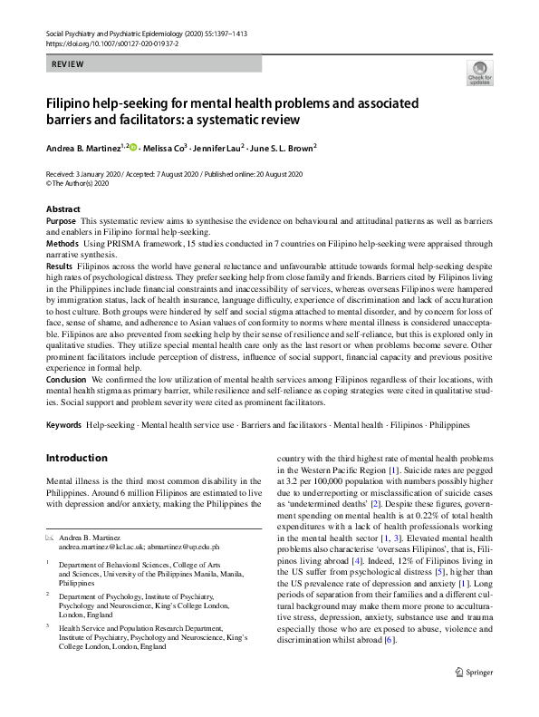 (PDF) Filipino help-seeking for mental health problems and associated barriers and facilitators ...