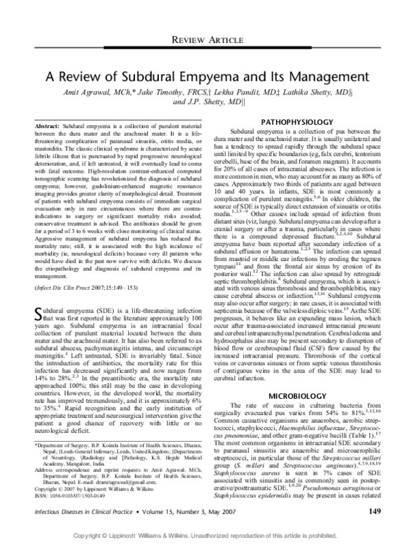 Pdf A Review Of Subdural Empyema And Its Management