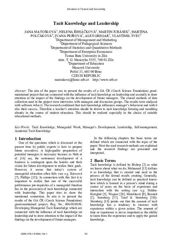 (PDF) Tacit Knowledge and Leadership