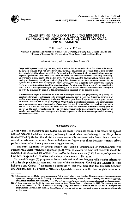 (PDF) Classifying and controlling errors in forecasting using multiple criteria goal programming