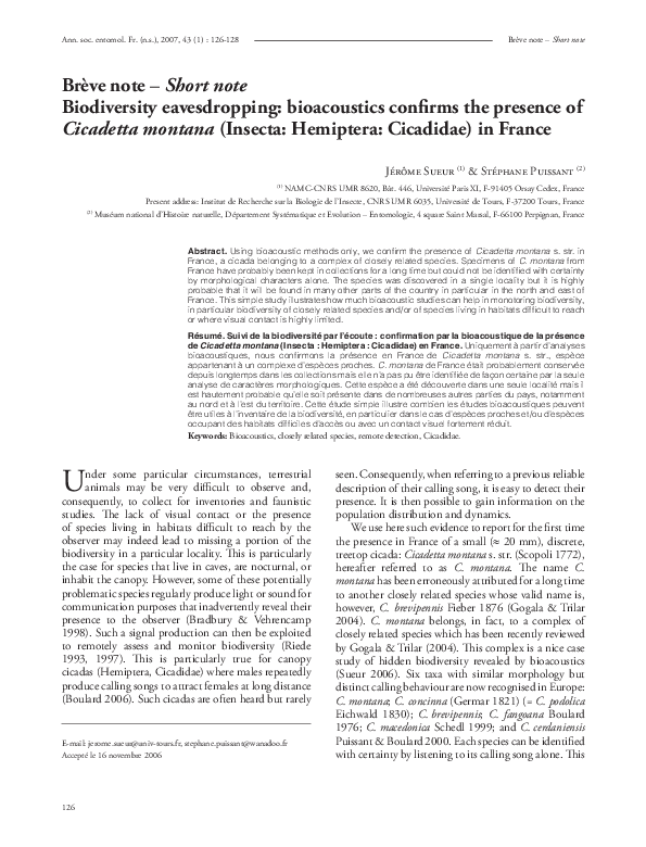 (PDF) Brève note–Short note Biodiversity eavesdropping: bioacoustics ...