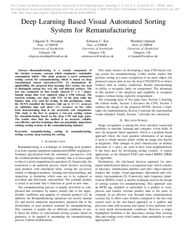(PDF) Deep Learning Based Visual Automated Sorting System for Remanufacturing
