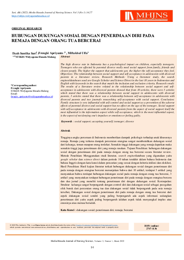 (PDF) Hubungan Dukungan Sosial Dengan Penerimaan Diri Pada Remaja Dengan Orang Tua Bercerai