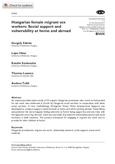 Pdf Hungarian Female Migrant Sex Workers Social Support And