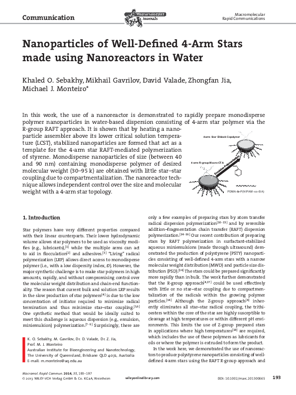 (PDF) Nanoparticles of Well-Defined 4-Arm Stars made using Nanoreactors ...