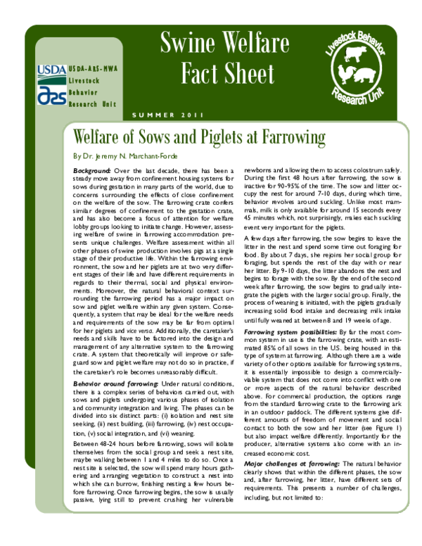 (PDF) Welfare of Sows and Piglets at Farrowing