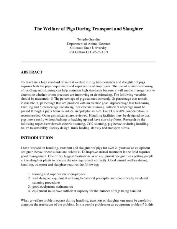 (PDF) Welfare of Pigs During Transport and Slaughter