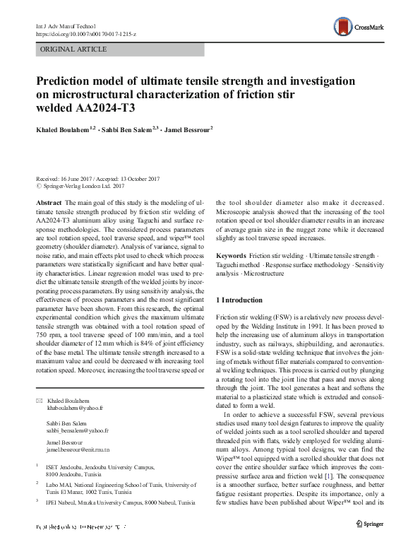 (PDF) Prediction model of ultimate tensile strength and investigation on microstructural ...