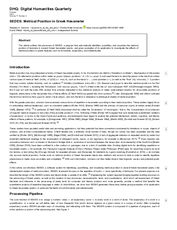 (PDF) SEDES: Metrical Position in Greek Hexameter | Stephen A Sansom ...