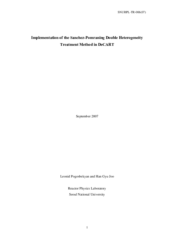 (PDF) Implementation of the Sanchez-Pomraning Double Heterogeneity Treatment Method in DeCART