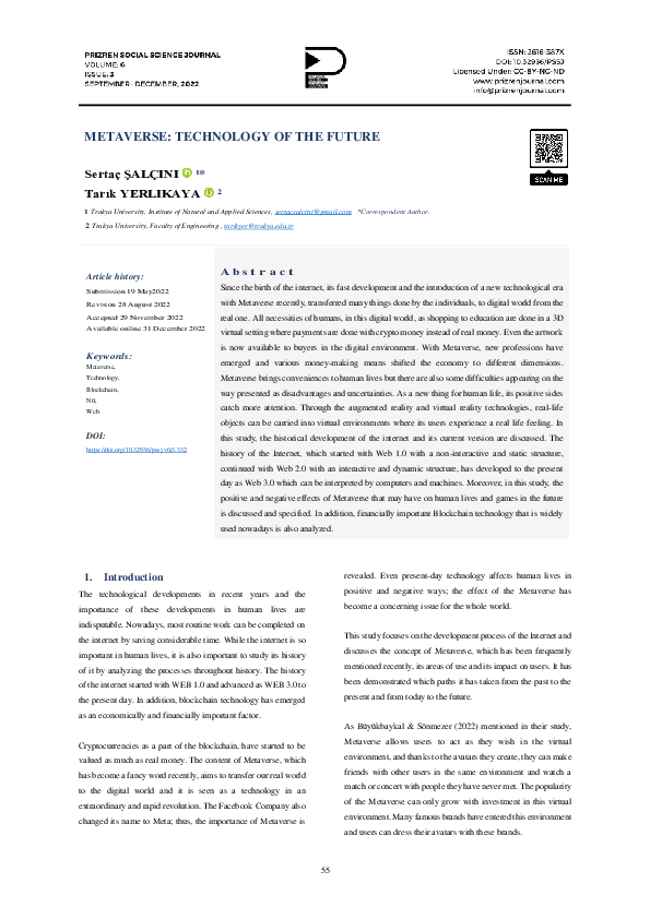 (PDF) Metaverse: Technology of the Future