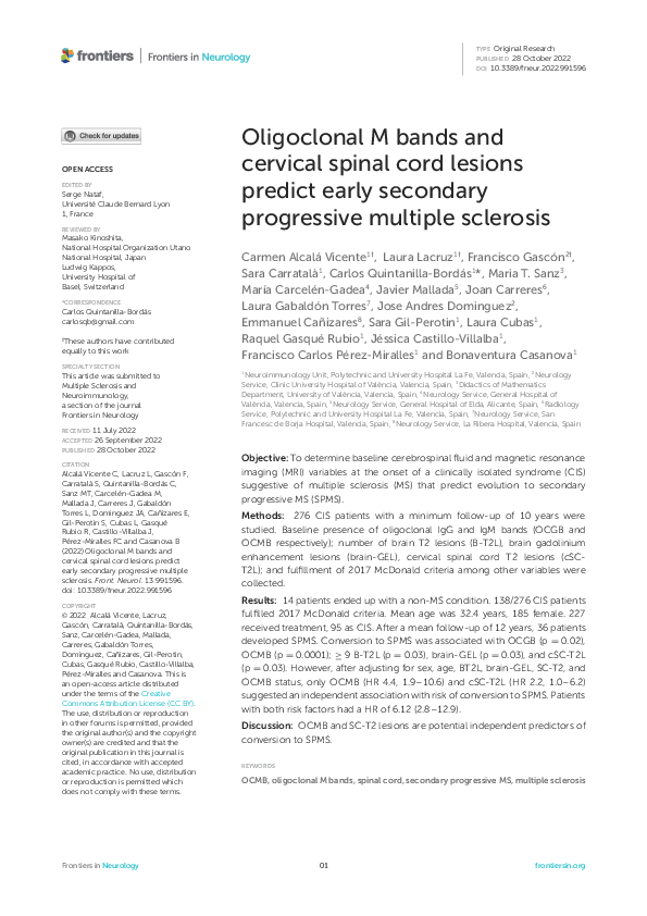 (PDF) Oligoclonal M bands and cervical spinal cord lesions predict early secondary progressive ...