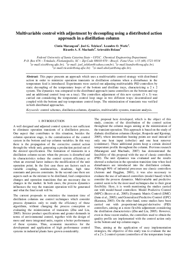 Pdf Multivariable Control With Adjustment By Decoupling Using A Distributed Action Approach In