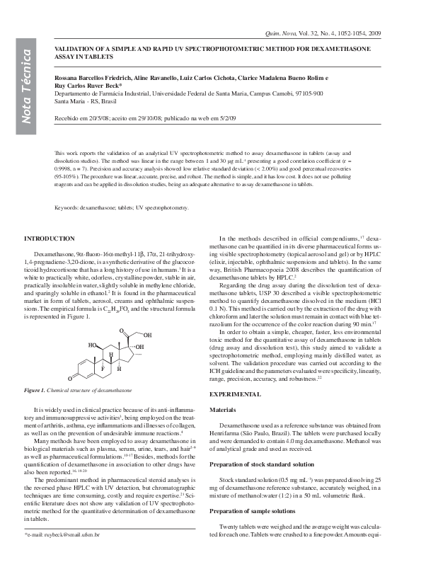 Pdf Validation Of A Simple And Rapid Uv Spectrophotometric Method For Dexamethasone Assay In