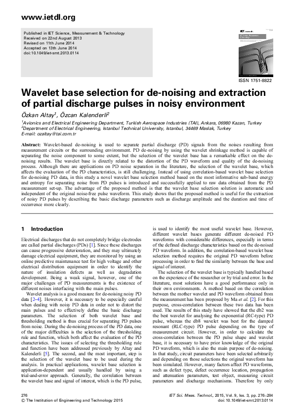 (PDF) Wavelet base selection for de‐noising and extraction of partial discharge pulses in noisy ...