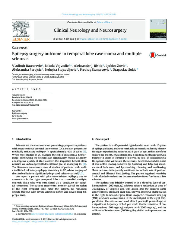 (PDF) Epilepsy surgery outcome in temporal lobe cavernoma and multiple ...