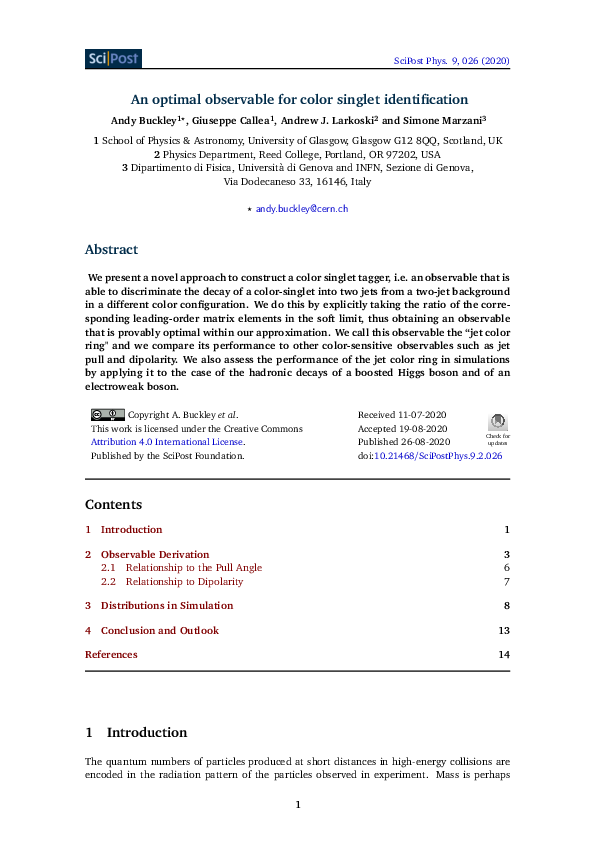 (PDF) An optimal observable for color singlet identification