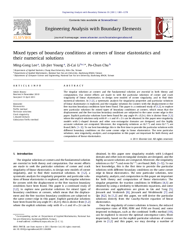 (PDF) Mixed types of boundary conditions at corners of linear elastostatics and their numerical ...