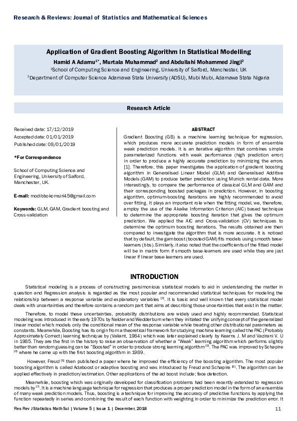 (PDF) Application of Gradient Boosting Algorithm In Statistical Modelling | Abdullahi Mohammed ...